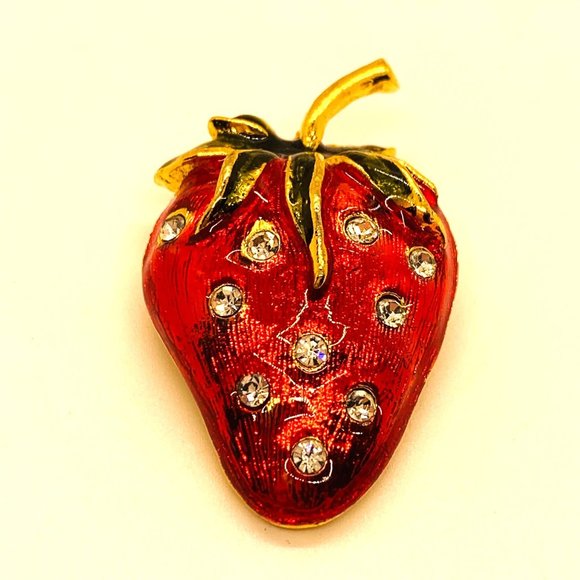Jewelry | Strawberry Brooch Pin Red Green Enamel Rhinestones | Poshmark